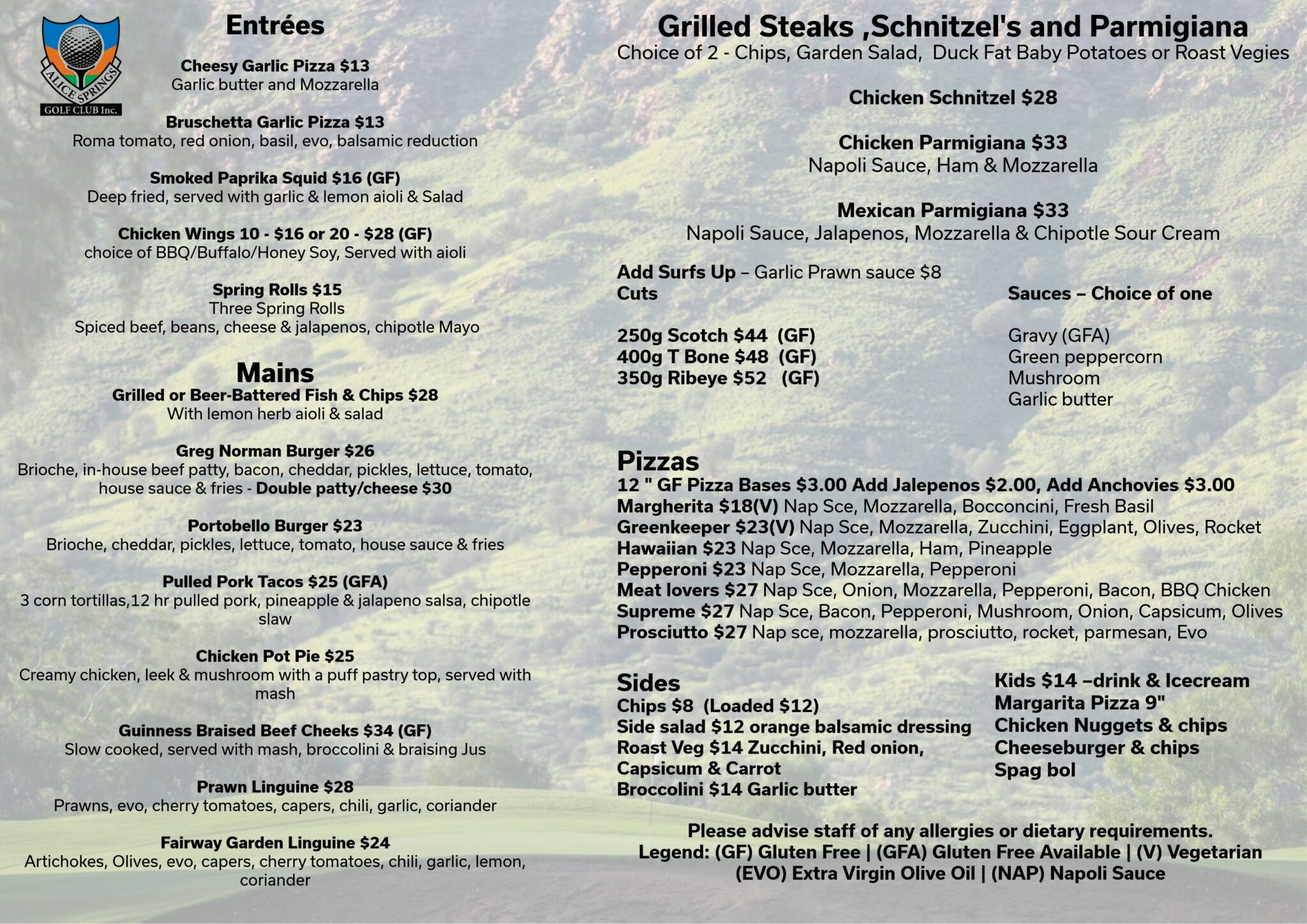 Menus – Alice Springs Golf Club
